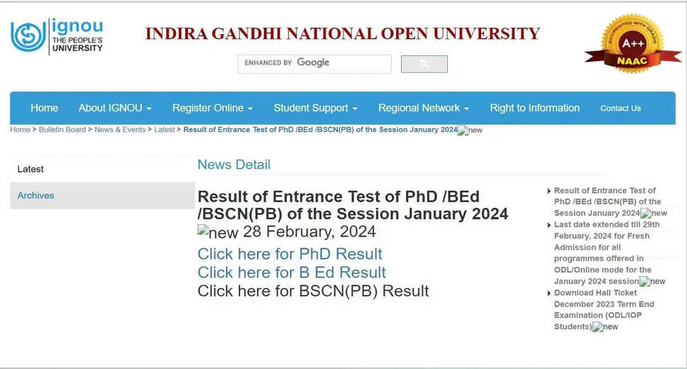 IGNOU Entrance Exam 2024 Result Declared: Check BEd, PhD, BSCN (PB ...