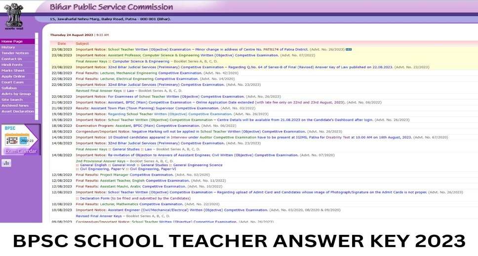 BPSC Teacher Recruitment 2023: Final Answer Key Out for Primary Teacher, TGT & PGT Exams